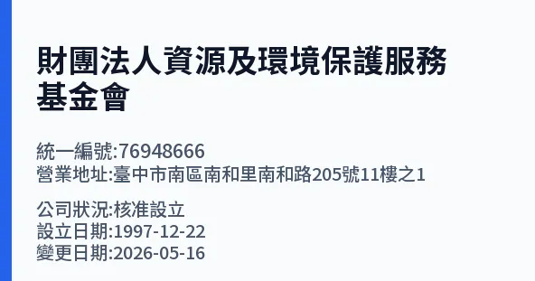 財團法人資源及環境保護服務基金會的照片-統編 76948666(臺中市) 公司登記資料與營業項目詳細圖表