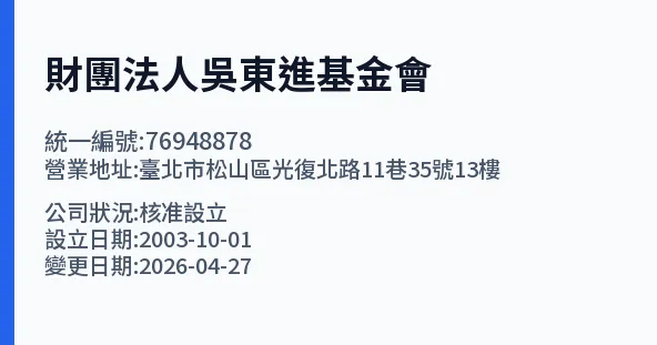 財團法人吳東進基金會的照片-統編 76948878(臺北市) 公司登記資料與營業項目詳細圖表
