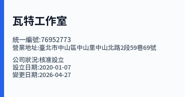 瓦特工作室的照片-統編 76952773(臺北市) 公司登記資料與營業項目詳細圖表