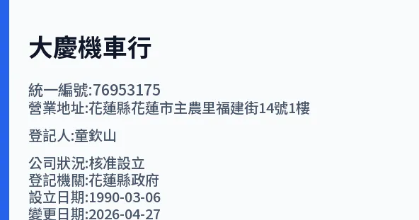 大慶機車行的照片-統編 76953175(花蓮縣) 公司登記資料與營業項目詳細圖表