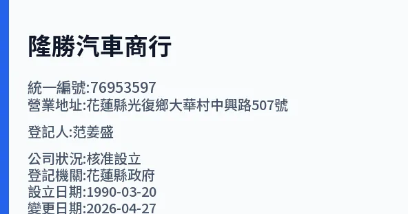 隆勝汽車商行的照片-統編 76953597(花蓮縣) 公司登記資料與營業項目詳細圖表