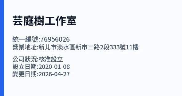 芸庭樹工作室的照片-統編 76956026(新北市) 公司登記資料與營業項目詳細圖表