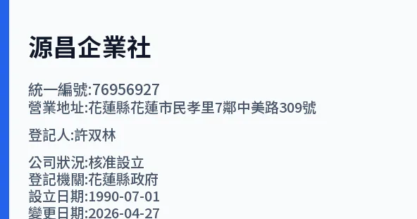 源昌企業社的照片-統編 76956927(花蓮縣) 公司登記資料與營業項目詳細圖表