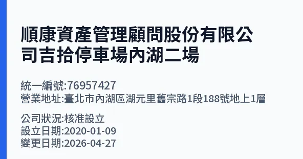 順康資產管理顧問股份有限公司吉拾停車場內湖二場的照片-統編 76957427(臺北市) 公司登記資料與營業項目詳細圖表