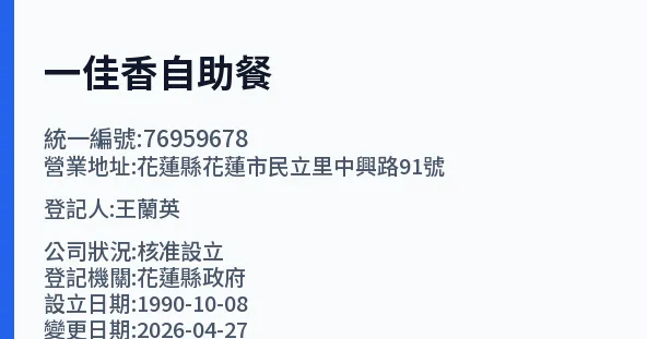 一佳香自助餐的照片-統編 76959678(花蓮縣) 公司登記資料與營業項目詳細圖表