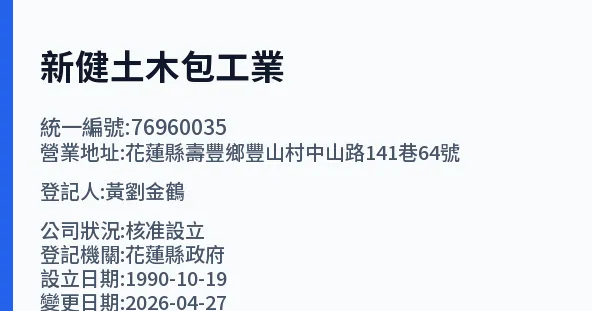新健土木包工業的照片-統編 76960035(花蓮縣) 公司登記資料與營業項目詳細圖表