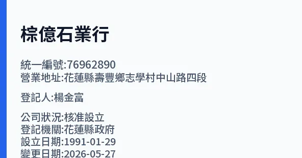 棕億石業行的照片-統編 76962890(花蓮縣) 公司登記資料與營業項目詳細圖表
