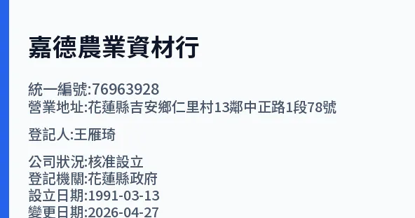 嘉德農業資材行的照片-統編 76963928(花蓮縣) 公司登記資料與營業項目詳細圖表