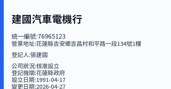 建國汽車電機行的照片-統編 76965123(花蓮縣) 公司登記資料與營業項目詳細圖表