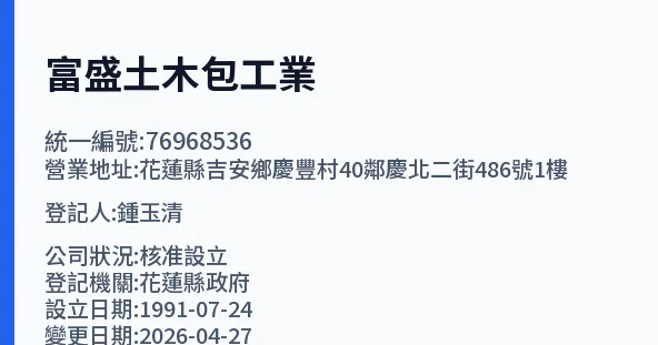 富盛土木包工業的照片-統編 76968536(花蓮縣) 公司登記資料與營業項目詳細圖表