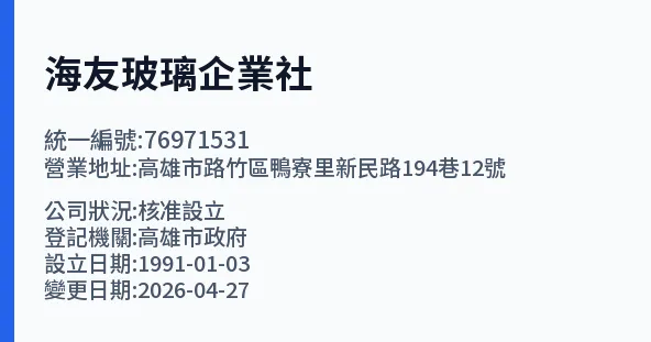 海友玻璃企業社的照片-統編 76971531(高雄市) 公司登記資料與營業項目詳細圖表