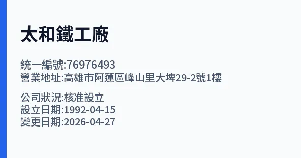 太和鐵工廠的照片-統編 76976493(高雄市) 公司登記資料與營業項目詳細圖表
