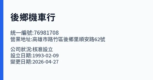 後鄉機車行的照片-統編 76981708(高雄市) 公司登記資料與營業項目詳細圖表