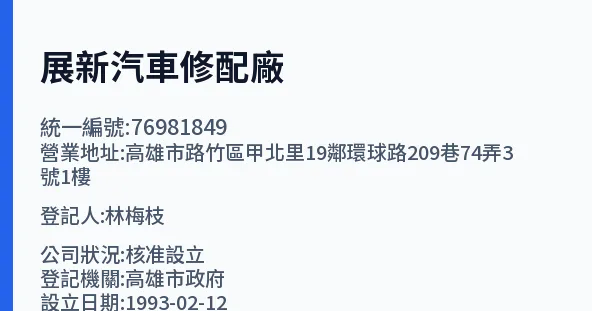 展新汽車修配廠的照片-統編 76981849(高雄市) 公司登記資料與營業項目詳細圖表