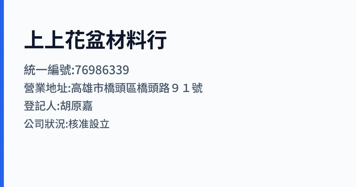 上上花盆材料行 - 統編 76986339(高雄市) 公司登記資料與營業項目詳細圖表