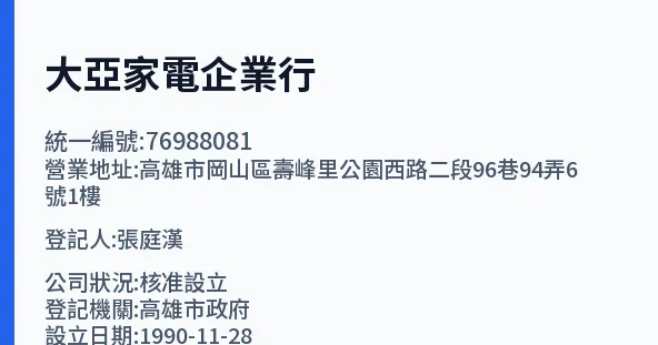 大亞家電企業行的照片-統編 76988081(高雄市) 公司登記資料與營業項目詳細圖表