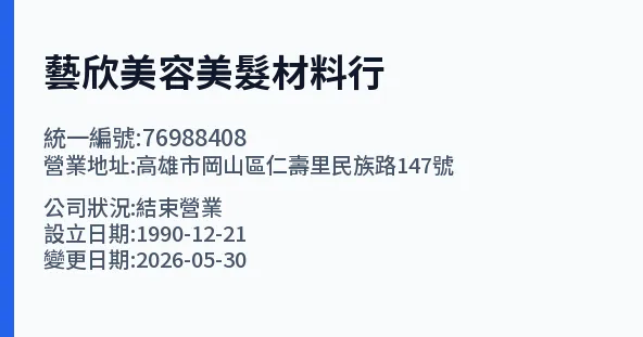 藝欣美容美髮材料行的照片-統編 76988408(高雄市) 公司登記資料與營業項目詳細圖表