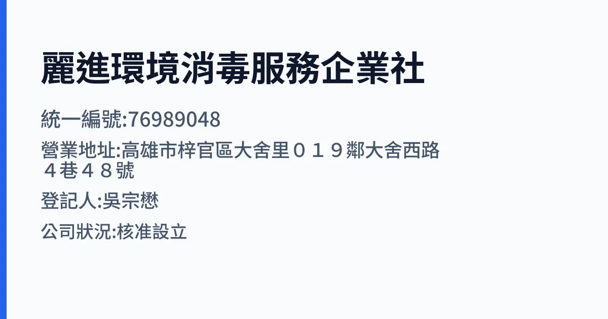 麗進環境消毒服務企業社 - 統編 76989048(高雄市) 公司登記資料與營業項目詳細圖表