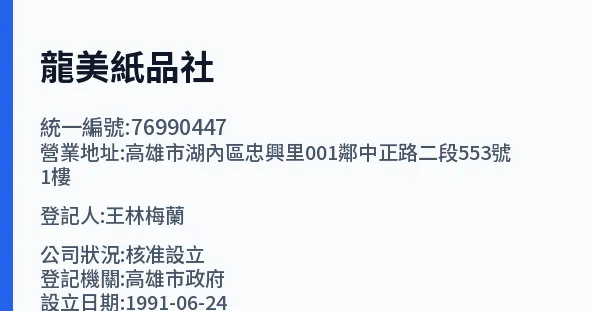 龍美紙品社的照片-統編 76990447(高雄市) 公司登記資料與營業項目詳細圖表