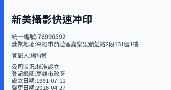 新美攝影快速冲印的照片-統編 76990592(高雄市) 公司登記資料與營業項目詳細圖表