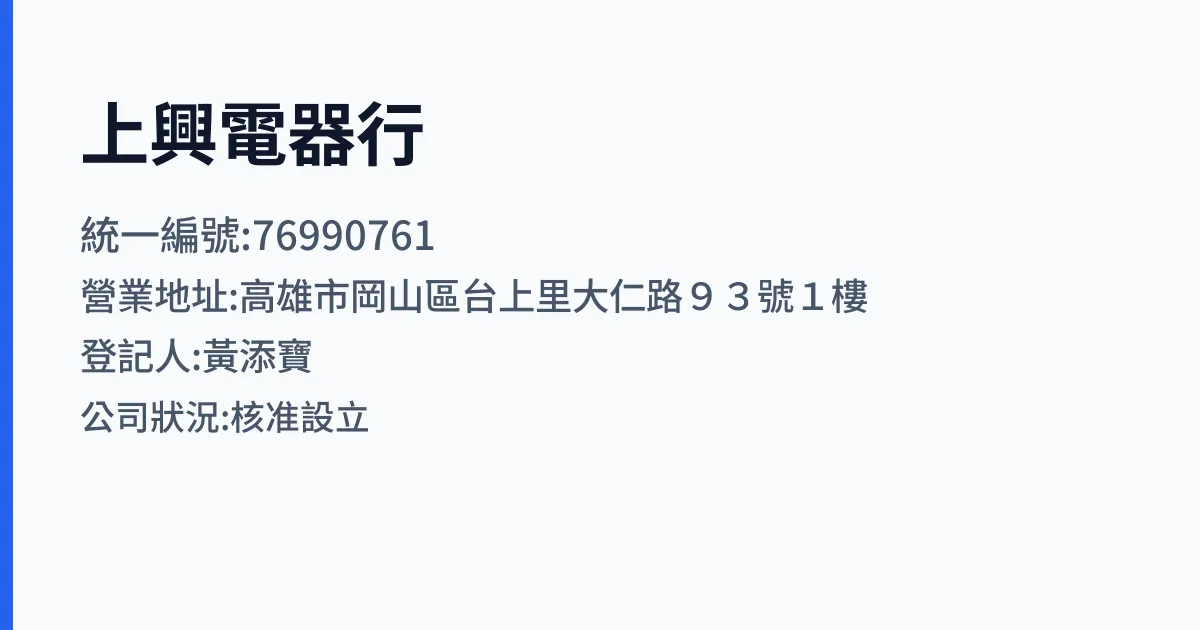 上興電器行 - 統編 76990761(高雄市) 公司登記資料與營業項目詳細圖表