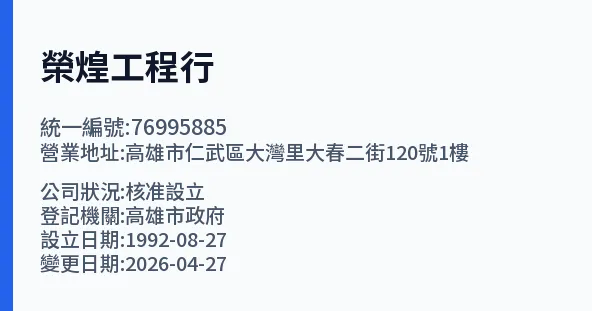 榮煌工程行的照片-統編 76995885(高雄市) 公司登記資料與營業項目詳細圖表