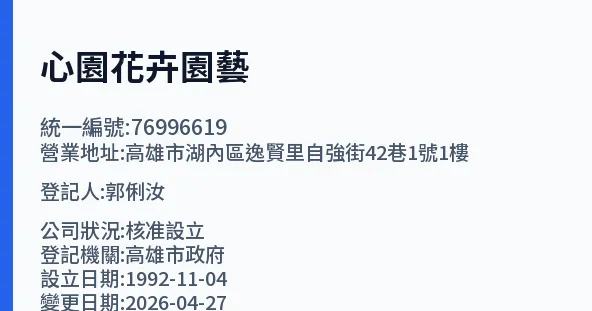 心園花卉園藝的照片-統編 76996619(高雄市) 公司登記資料與營業項目詳細圖表