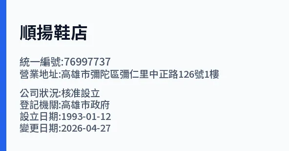 順揚鞋店的照片-統編 76997737(高雄市) 公司登記資料與營業項目詳細圖表