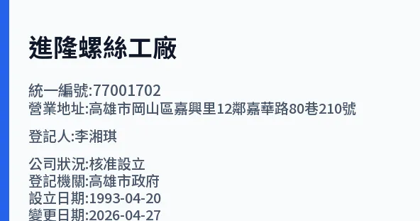 進隆螺絲工廠的照片-統編 77001702(高雄市) 公司登記資料與營業項目詳細圖表