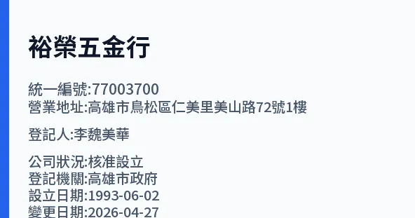 裕榮五金行的照片-統編 77003700(高雄市) 公司登記資料與營業項目詳細圖表