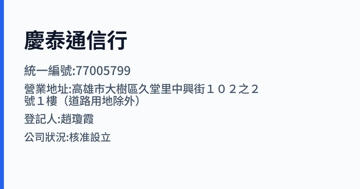 慶泰通信行 - 統編 77005799(高雄市) 公司登記資料與營業項目詳細圖表