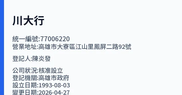 川大行的照片-統編 77006220(高雄市) 公司登記資料與營業項目詳細圖表