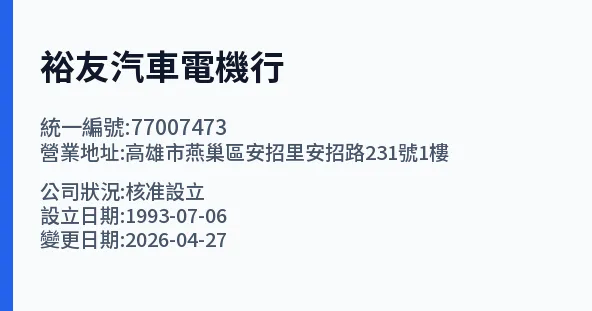 裕友汽車電機行的照片-統編 77007473(高雄市) 公司登記資料與營業項目詳細圖表