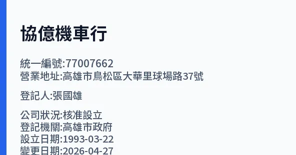 協億機車行的照片-統編 77007662(高雄市) 公司登記資料與營業項目詳細圖表