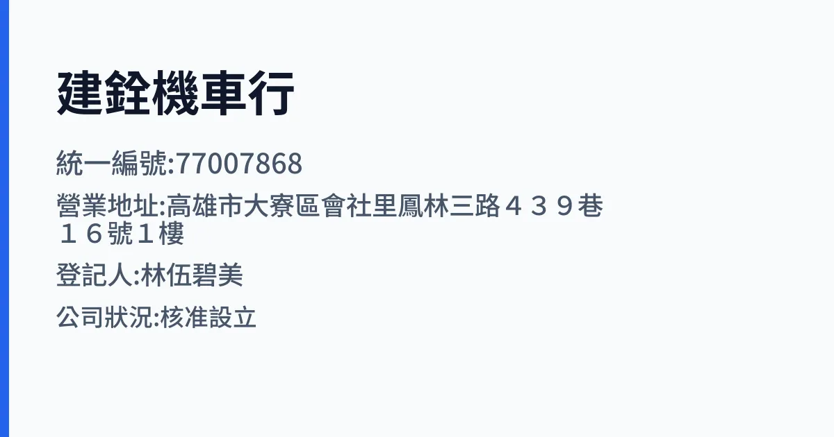 建銓機車行 - 統編 77007868(高雄市) 公司登記資料與營業項目詳細圖表