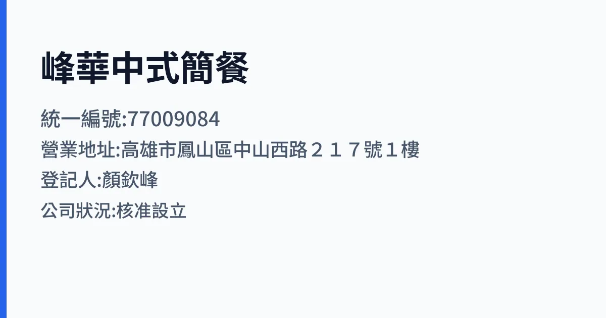 峰華中式簡餐 - 統編 77009084(高雄市) 公司登記資料與營業項目詳細圖表