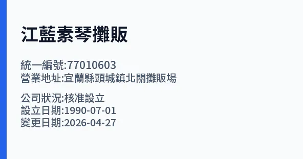 江藍素琴攤販的照片-統編 77010603(宜蘭縣) 公司登記資料與營業項目詳細圖表
