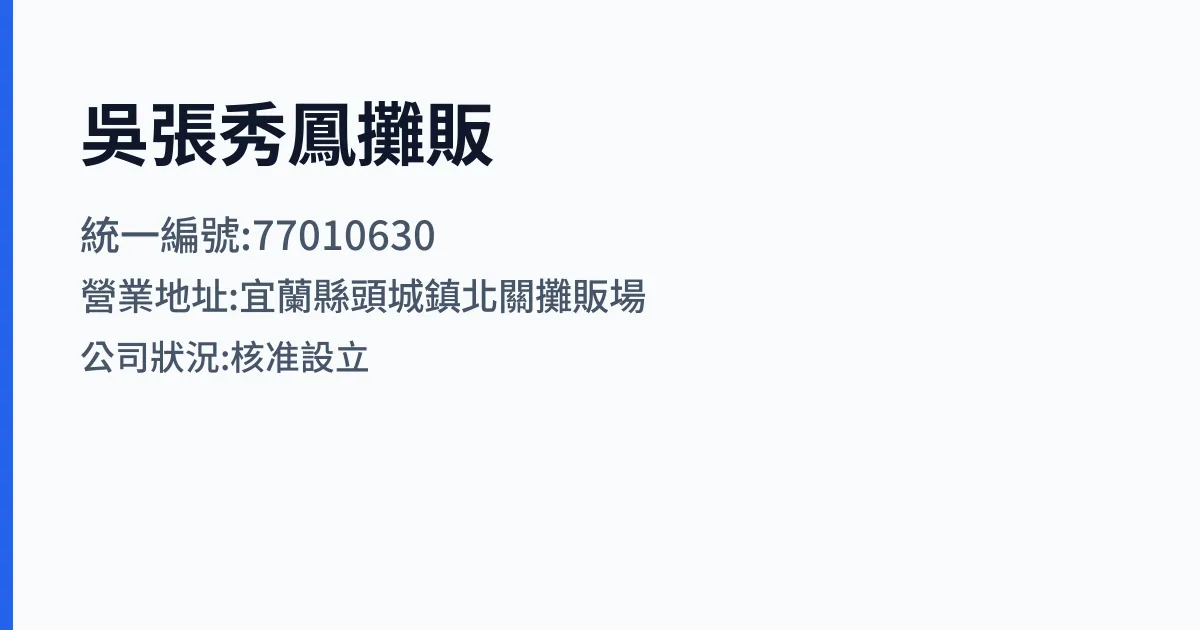 吳張秀鳳攤販 - 統編 77010630(宜蘭縣) 公司登記資料與營業項目詳細圖表