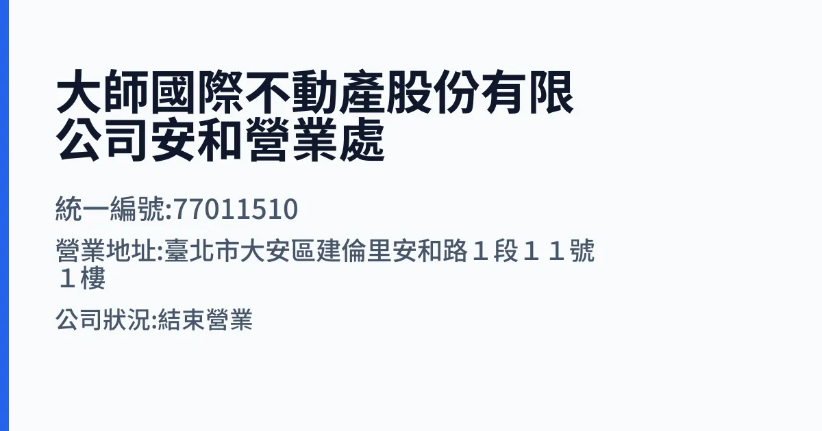 大師國際不動產股份有限公司安和營業處 - 統編 77011510(臺北市) 公司登記資料與營業項目詳細圖表