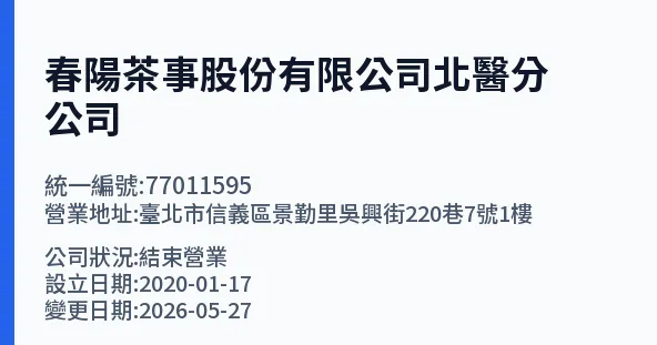 春陽茶事股份有限公司北醫分公司的照片-統編 77011595(臺北市) 公司登記資料與營業項目詳細圖表