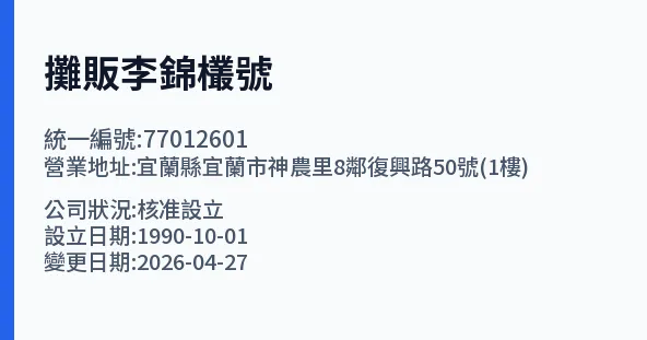 攤販李錦欉號的照片-統編 77012601(宜蘭縣) 公司登記資料與營業項目詳細圖表