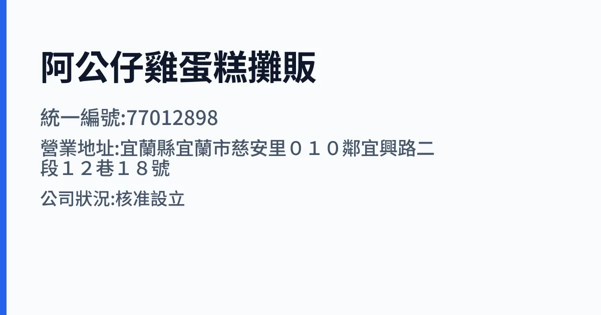 阿公仔雞蛋糕攤販 - 統編 77012898(宜蘭縣) 公司登記資料與營業項目詳細圖表