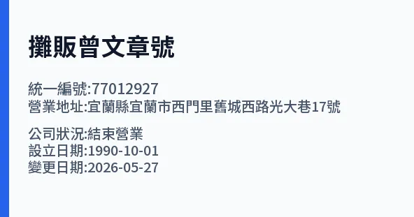 攤販曾文章號的照片-統編 77012927(宜蘭縣) 公司登記資料與營業項目詳細圖表