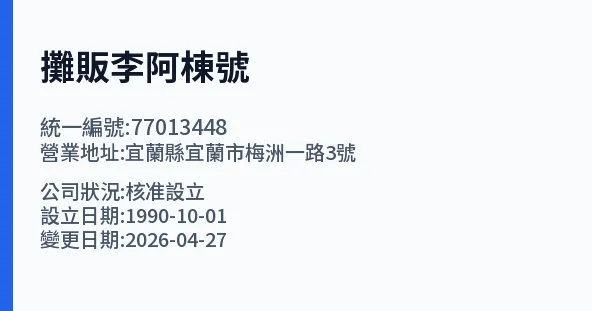 攤販李阿棟號的照片-統編 77013448(宜蘭縣) 公司登記資料與營業項目詳細圖表