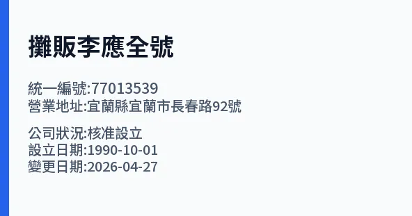 攤販李應全號的照片-統編 77013539(宜蘭縣) 公司登記資料與營業項目詳細圖表