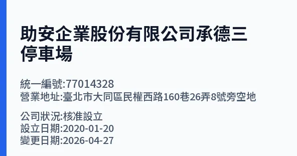 助安企業股份有限公司承德三停車場的照片-統編 77014328(臺北市) 公司登記資料與營業項目詳細圖表
