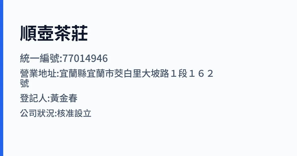 順壺茶莊 - 統編 77014946(宜蘭縣) 公司登記資料與營業項目詳細圖表