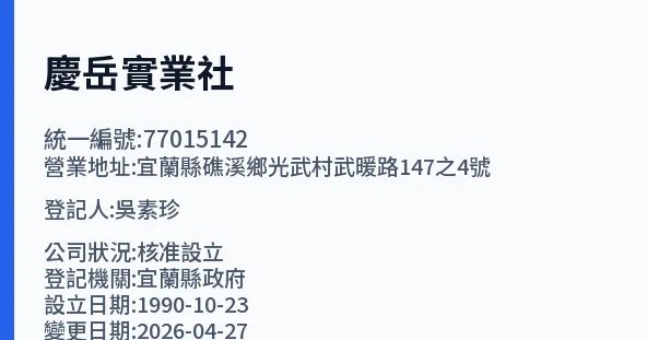 慶岳實業社的照片-統編 77015142(宜蘭縣) 公司登記資料與營業項目詳細圖表