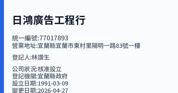 日鴻廣告工程行的照片-統編 77017893(宜蘭縣) 公司登記資料與營業項目詳細圖表