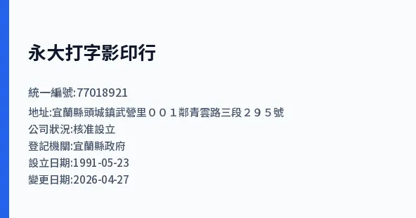 永大打字影印行的照片-統編 77018921(宜蘭縣) 公司登記資料與營業項目詳細圖表
